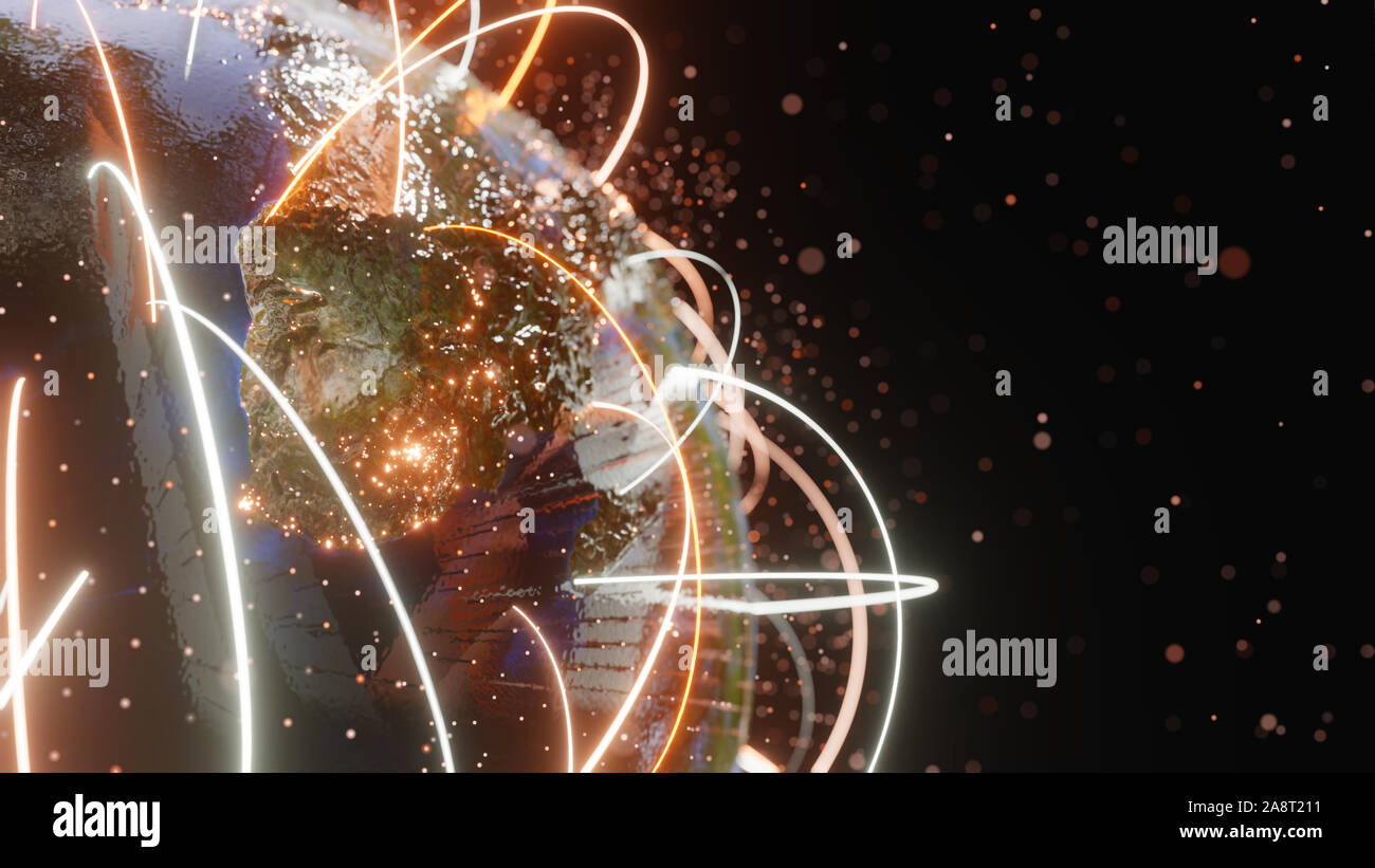 Connection curves and dots around Earth globe, Futuristic technology ...