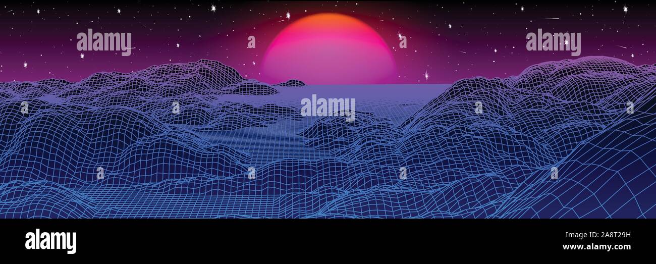 Neon grid landscape and sun with 80s arcade game style Stock Vector ...