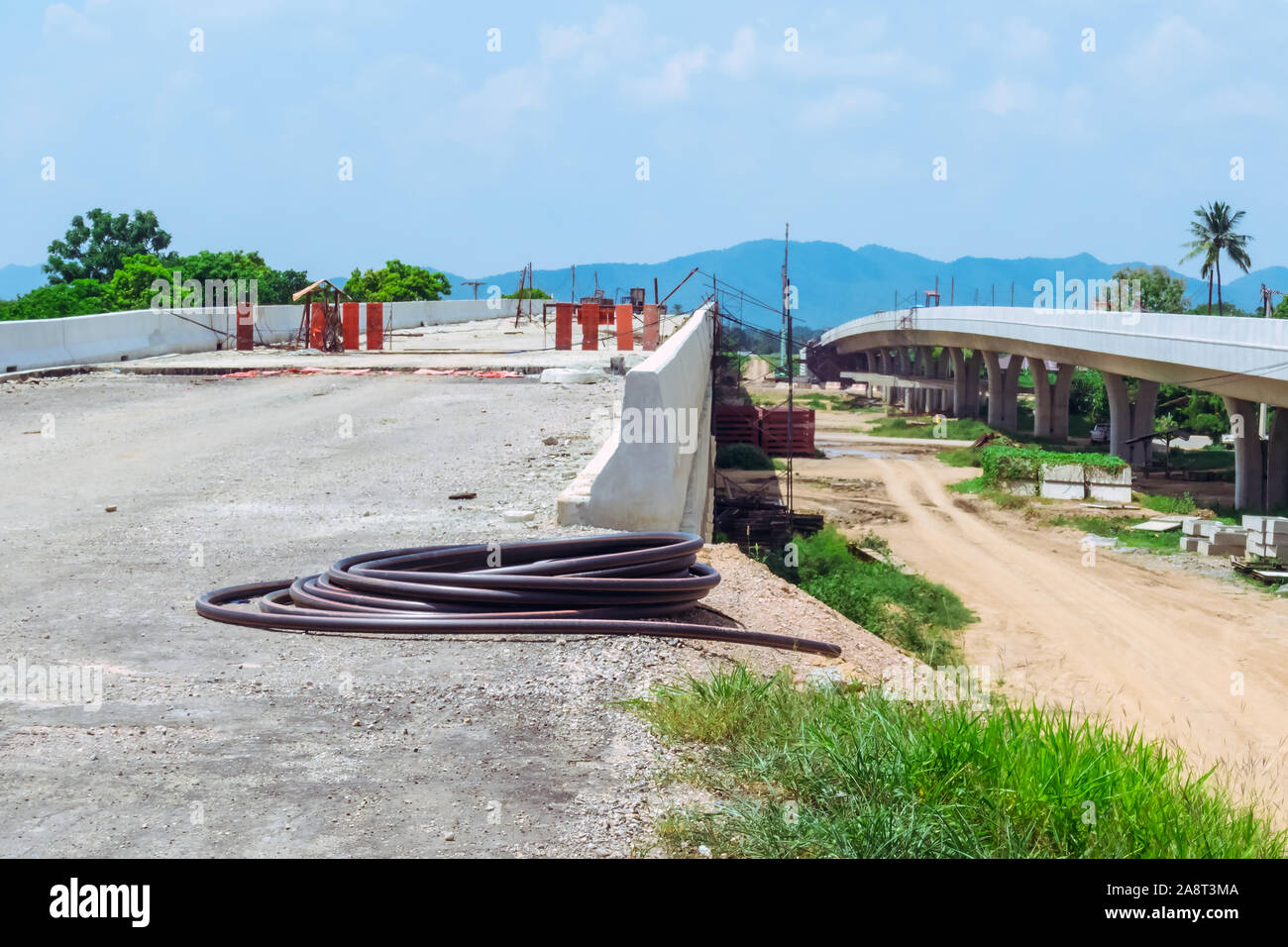 Unfinished of construction of the large concrete bridge of the motorway ...