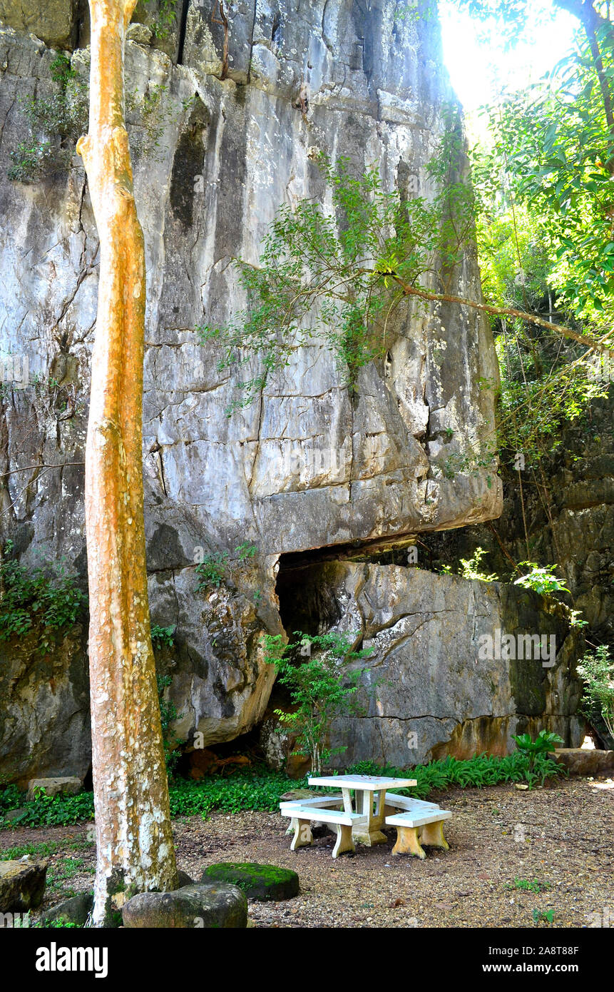 A sheer rock face with a tree and table and chairs next to it at Somdet ...