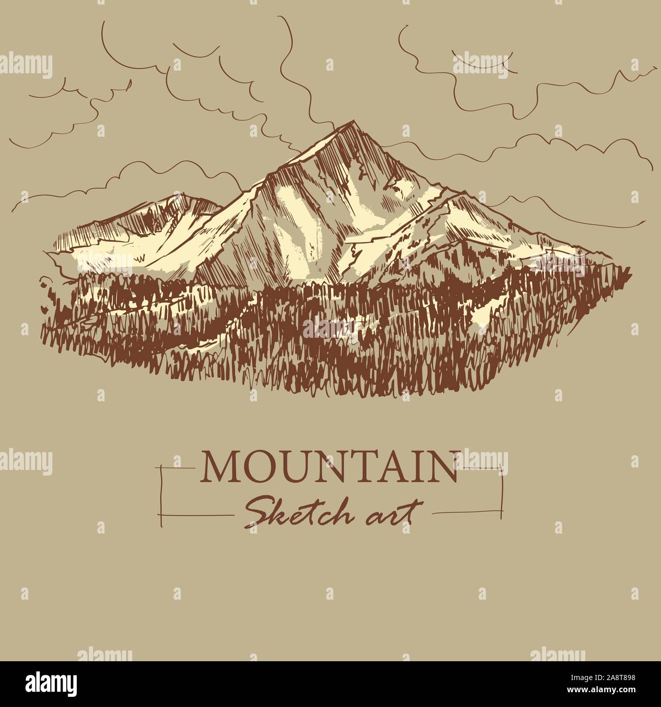 Brown toned modern stylized sketch of mountain, with forest and clouds ...