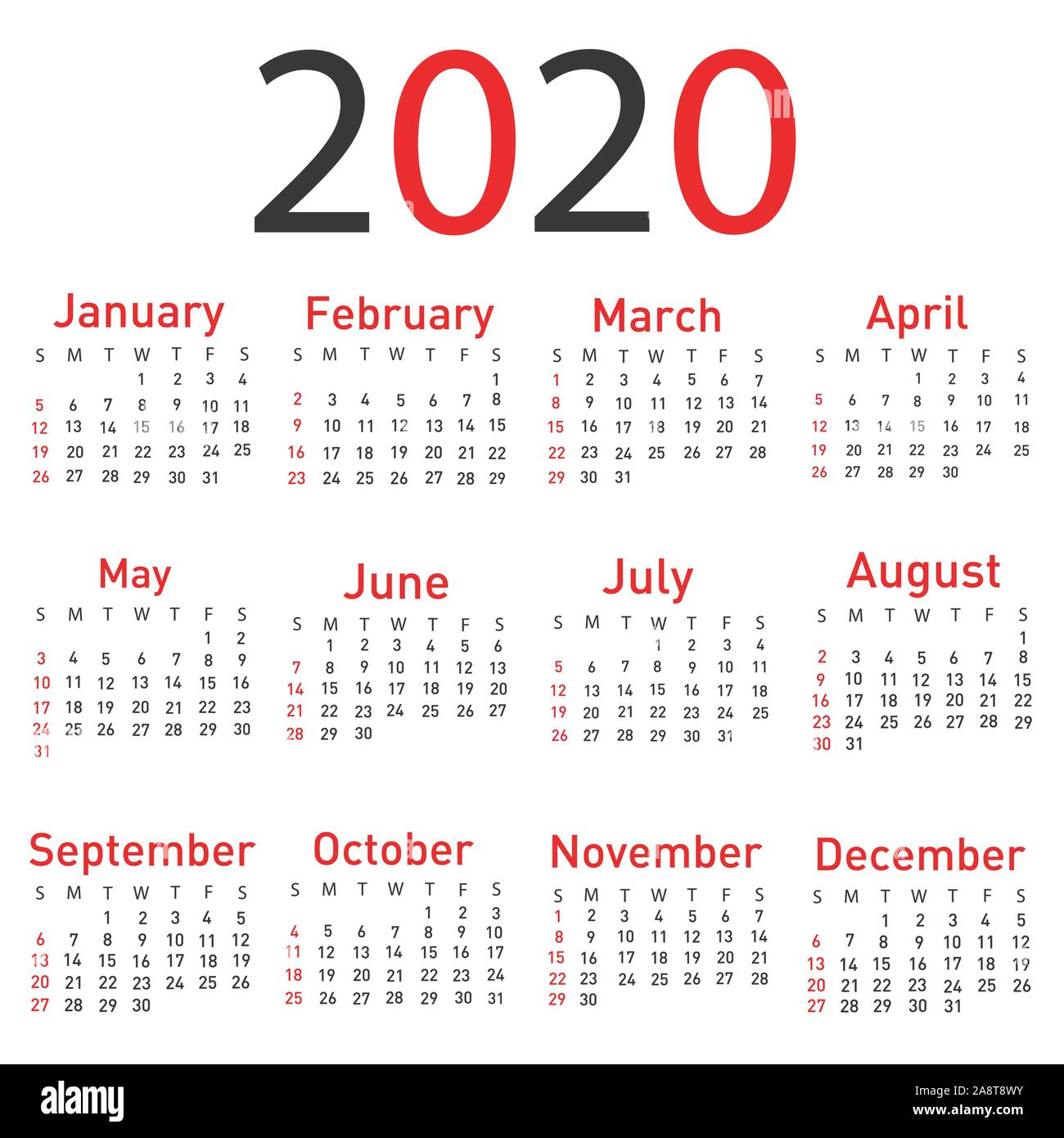 Calendar for 2020 vector illustration Stock Vector Image & Art - Alamy