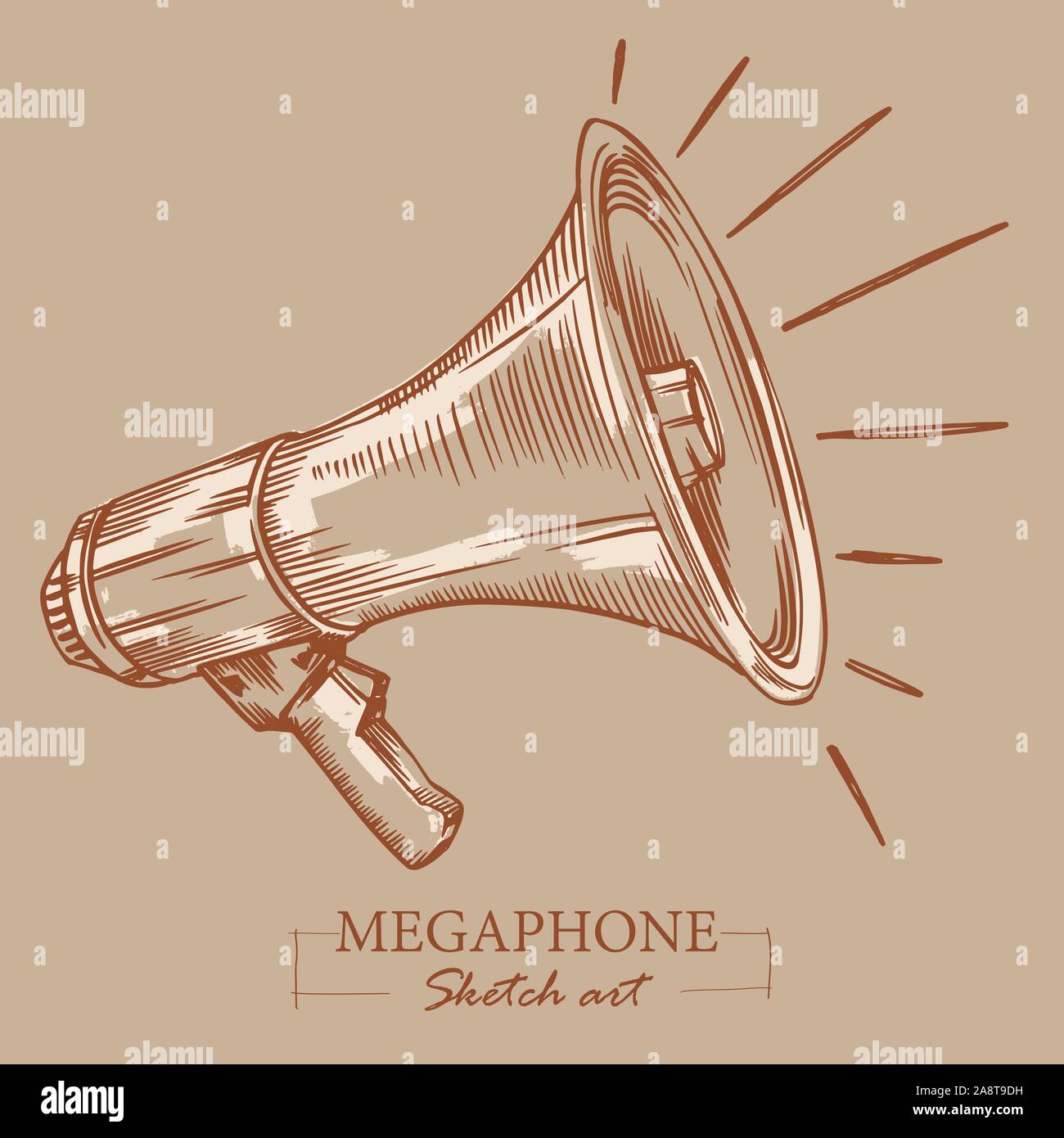 Brown toned modern stylized sketch of megaphone. Loudspeaker for announcements, bullhorn sketch ...