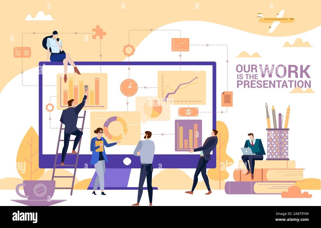 Concept Flat illustration. Business people team make a presentation ...