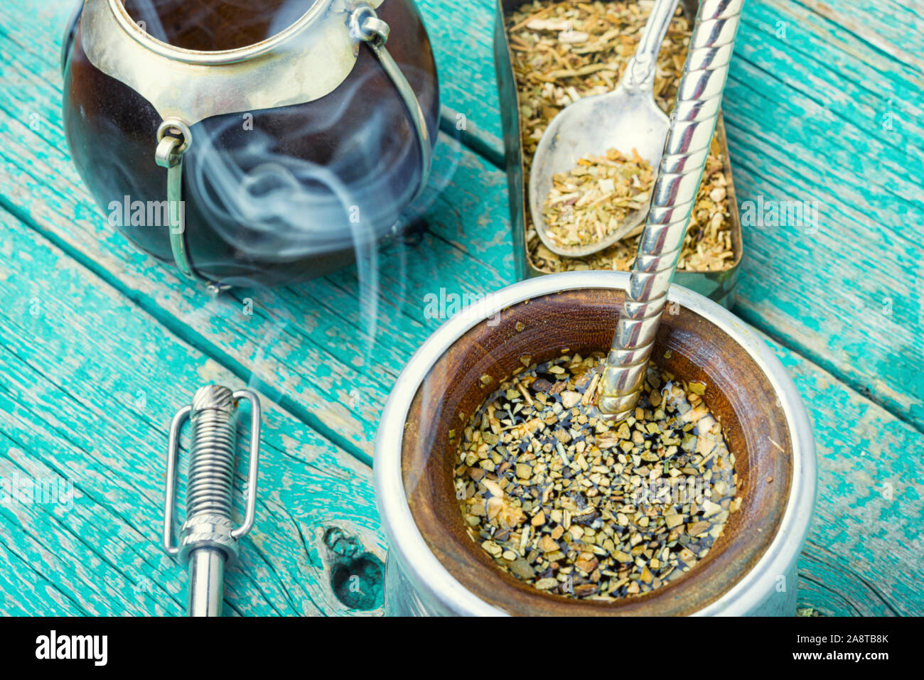 Yerba mate and dry tea.Traditional yerba mate tea in calabash mug and ...