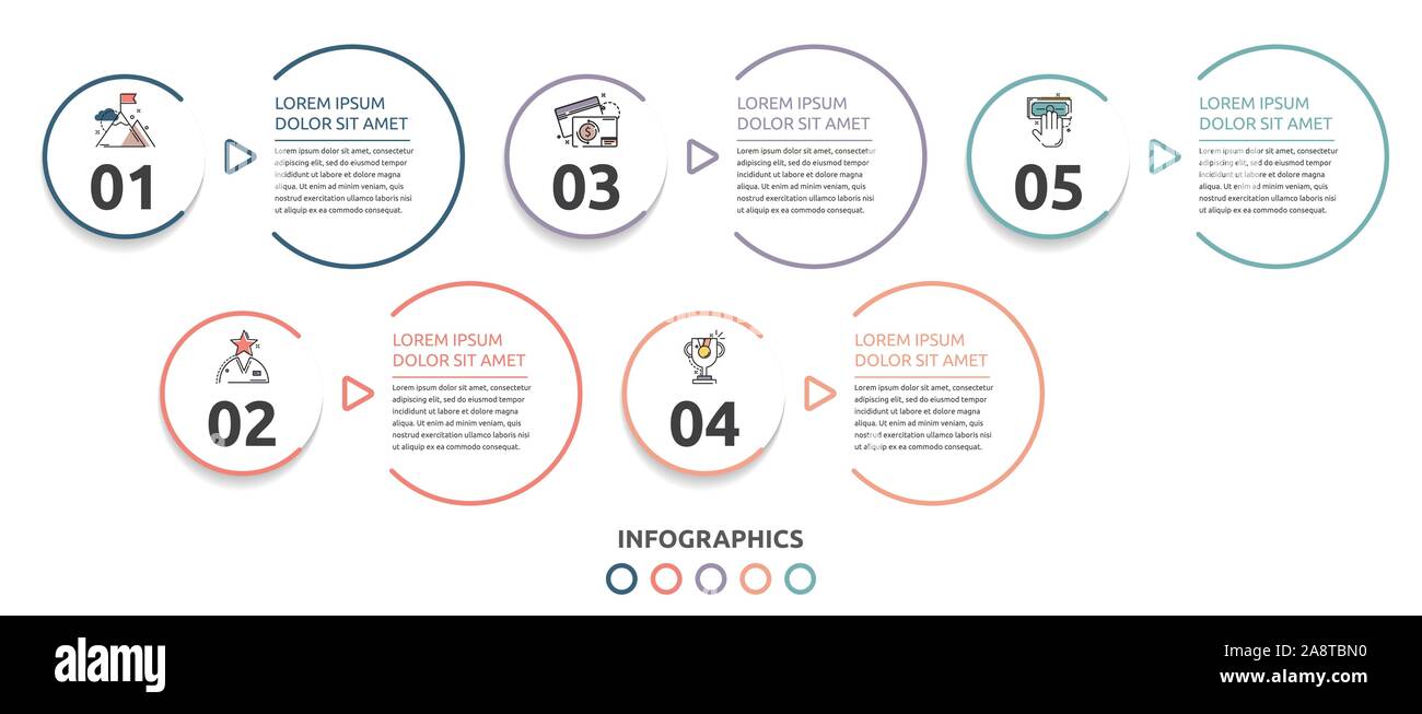 Vector flat infographic template. Line circles with text and icons for five diagrams, graph ...