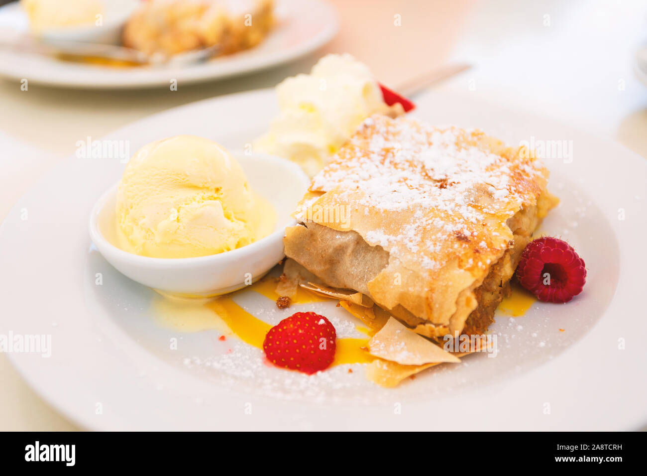 Real Viennese apple strudel in a cafe in Vienna, Austria Stock Photo ...