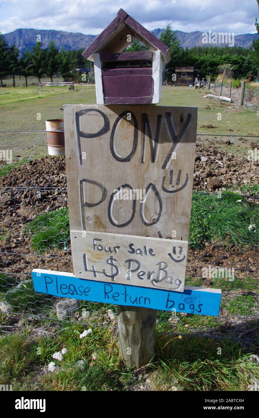 Pony poo for sale sign. Te Araroa Trail. Hawea River Track. South ...