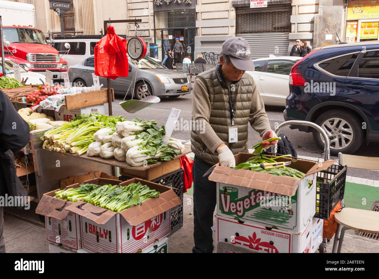 Market stall selling Chinese vegetables, Chinatown, New York City ...