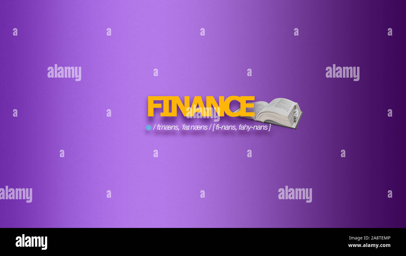 Finance text against purple background with a realistic three ...