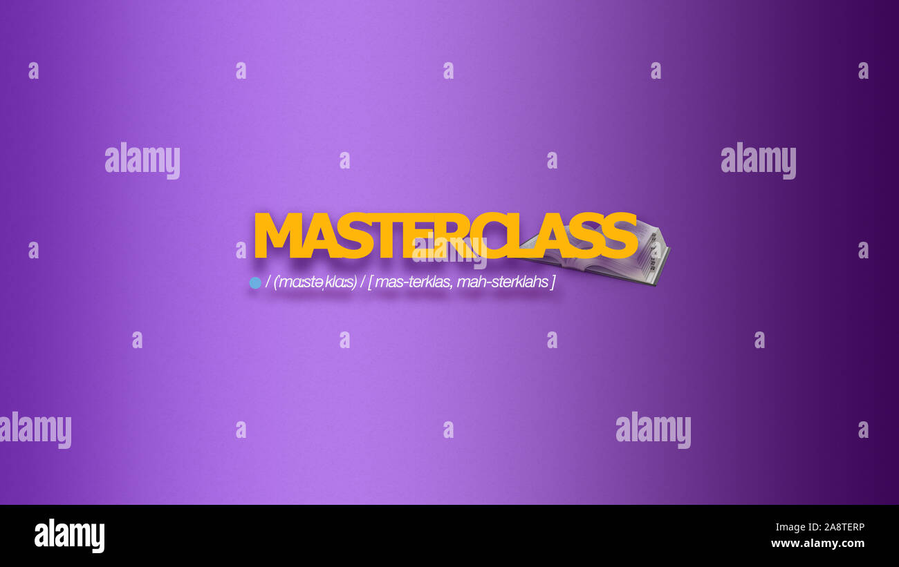 Masterclass text against purple background with a realistic three ...