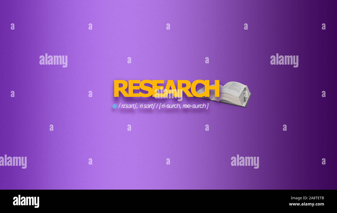 Research text against purple background with a realistic three ...