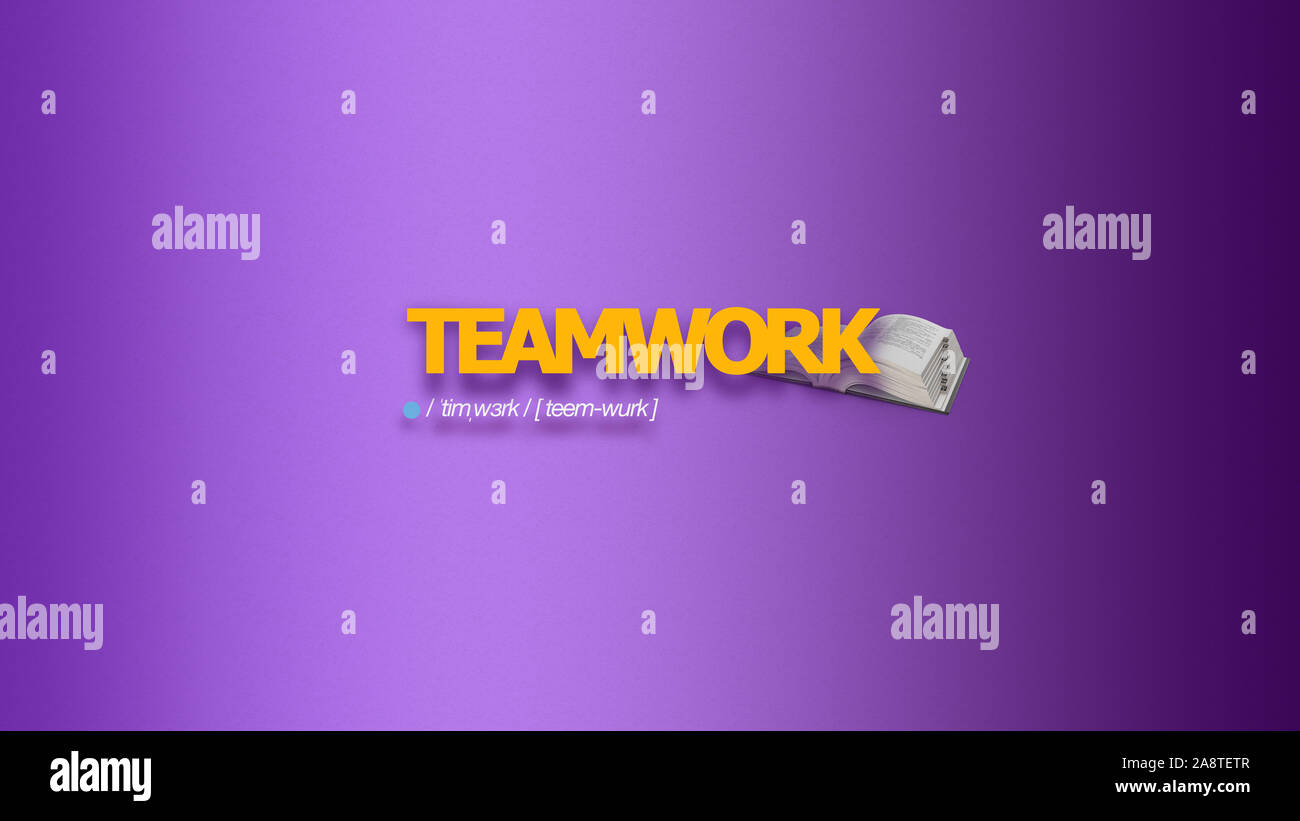 Teamwork text against purple background with a realistic three ...
