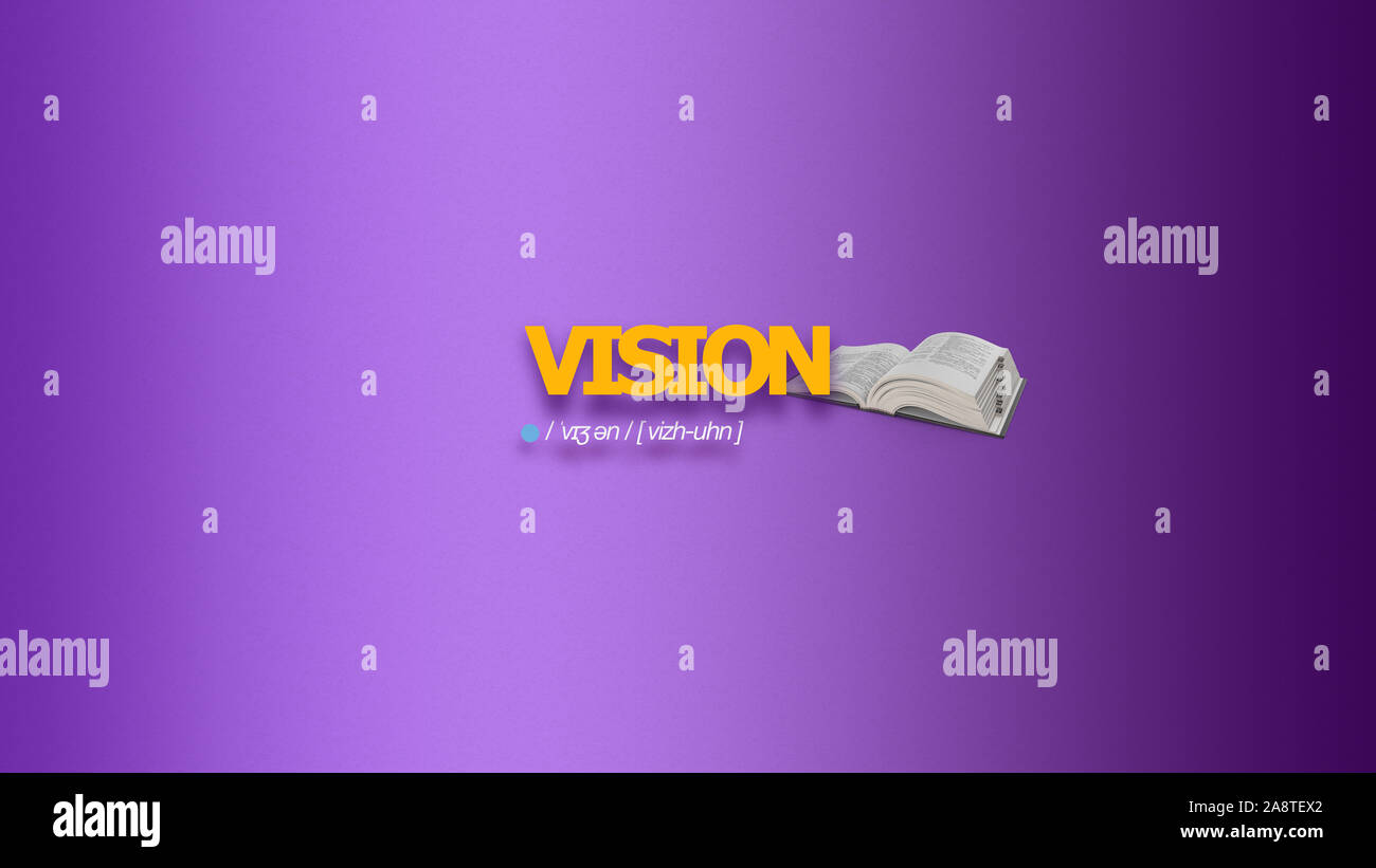 Vision text against purple background with a realistic three ...