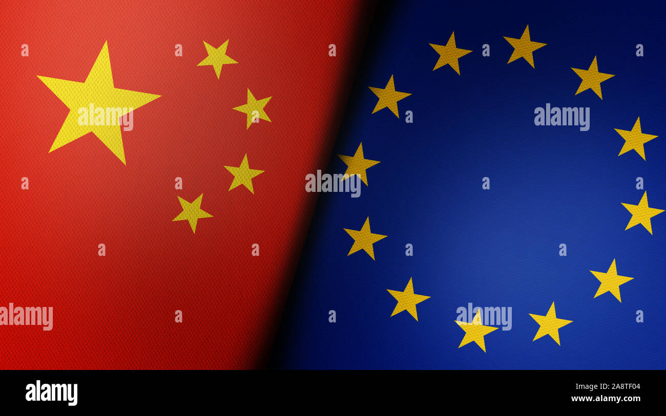 Chinese and European Union flags are paired together. Realistic 3D ...