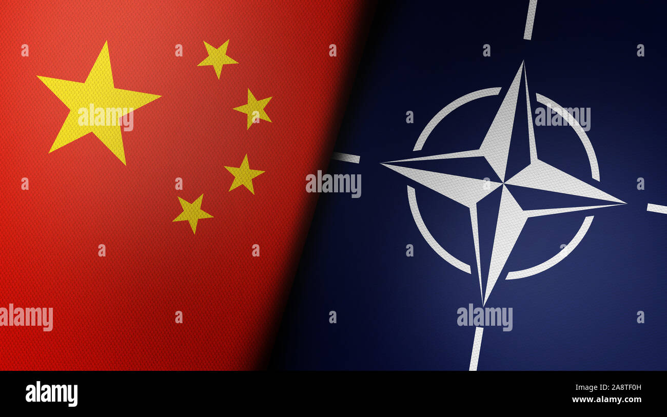 Chinese and NATO flags are paired together. Realistic 3D lighting and ...