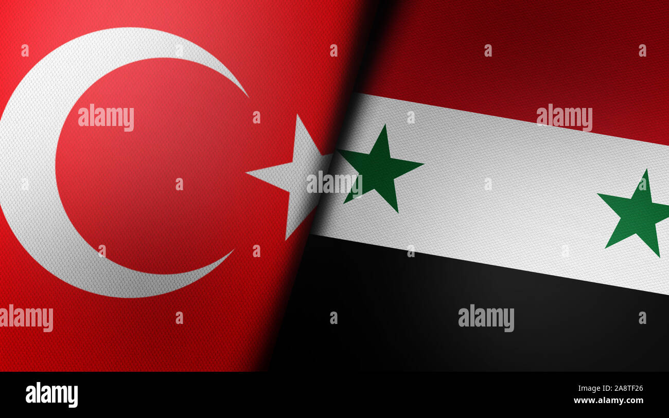 Turkish and Syrian flags are paired together. Realistic 3D lighting and ...