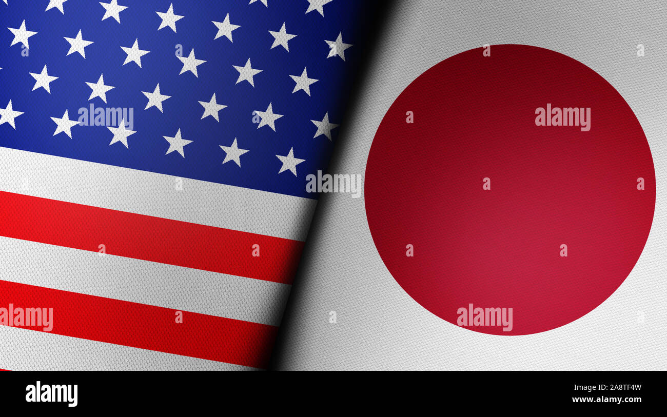American and Japanese flags are paired together. Realistic 3D lighting ...