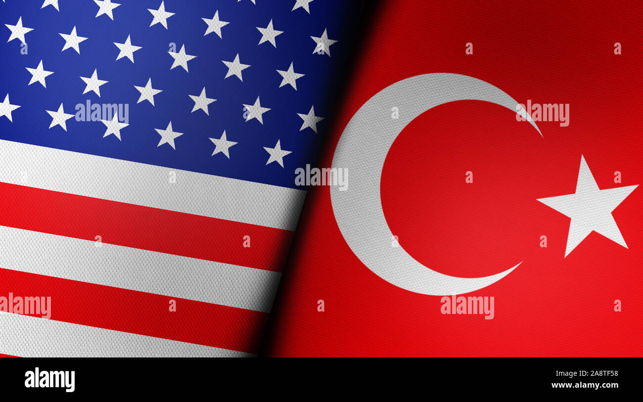 American and Turkish flags are paired together. Realistic 3D lighting ...