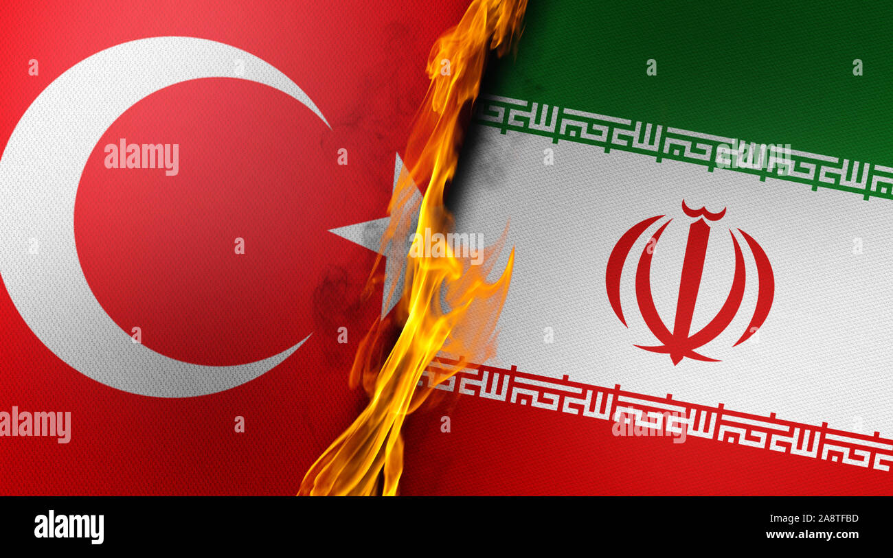 Burning Turkish and Iranian flags are paired together. Realistic 3D ...