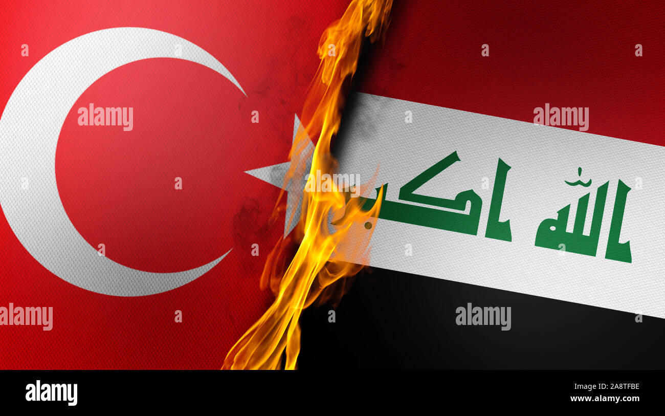 Burning Turkish and Iraq flags are paired together. Realistic 3D ...