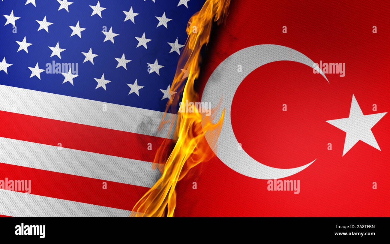 Burning American and Turkish flags are paired together. Realistic 3D ...
