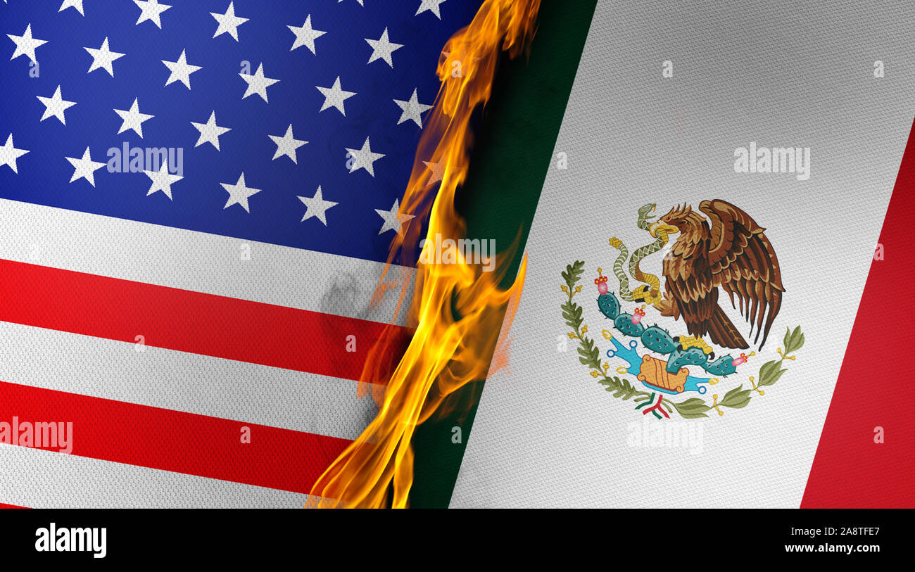 Burning American and Mexican flags are paired together. Realistic 3D ...