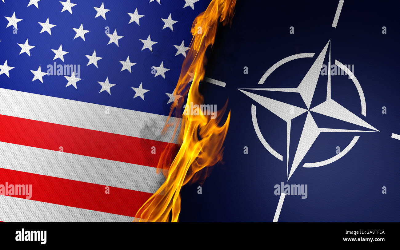 Burning American and NATO flags are paired together. Realistic 3D ...