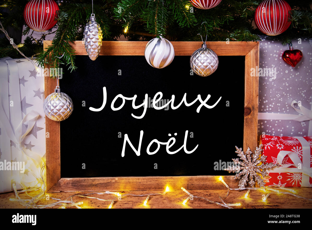 Chalkboard, Tree, Gift, Fairy Lights, Joyeux Noel Means Merry Christmas ...