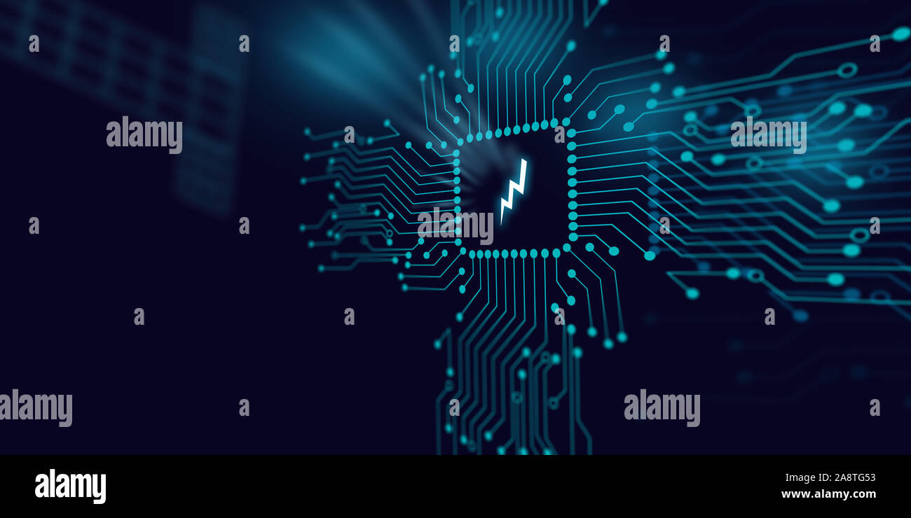 Power symbol is reflecting over futuristic electronic circuit. Business ...