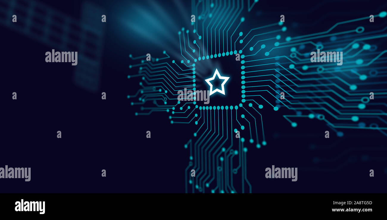 Star symbol is reflecting over futuristic electronic circuit. Business ...