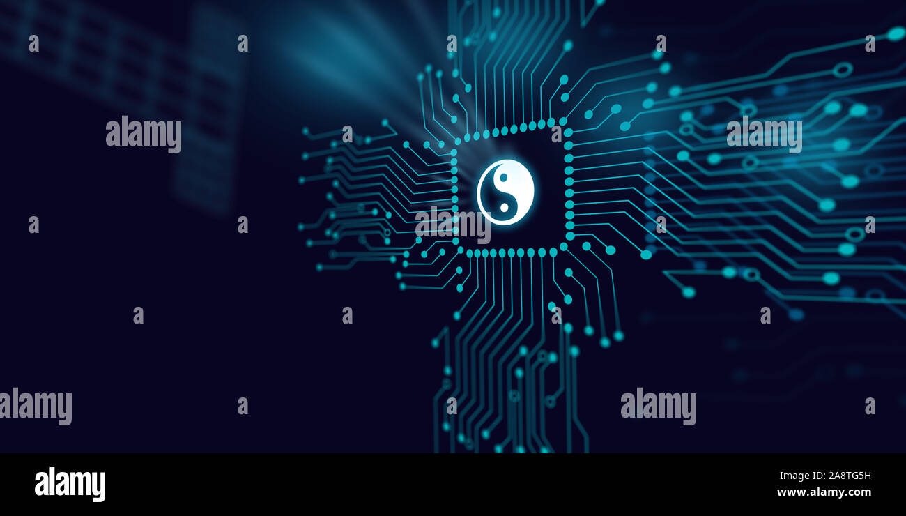Yin Yang symbol is reflecting over futuristic electronic circuit ...
