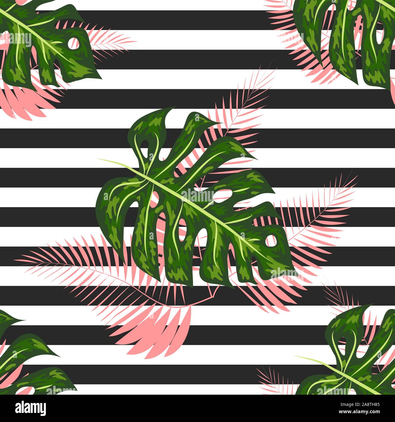 Seamless pattern with tropical leaves: palms, monstera, banana leaves ...