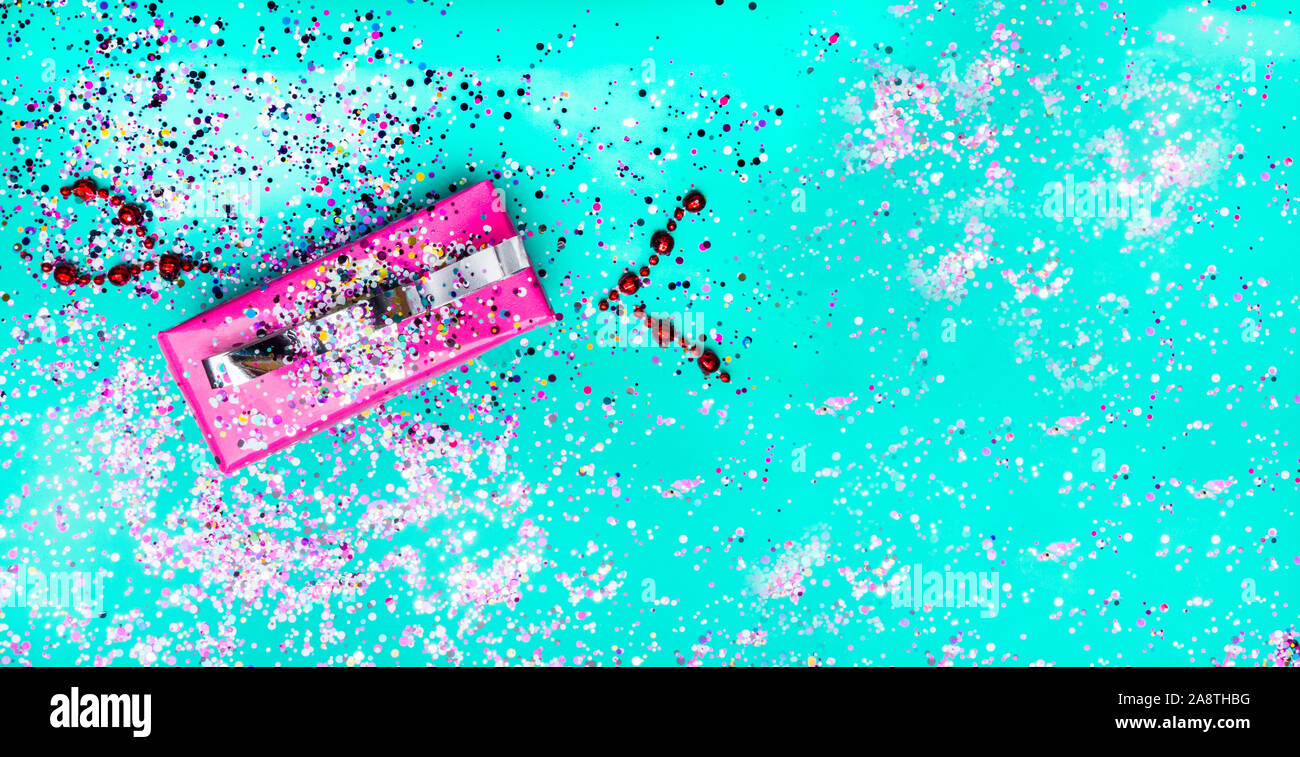 Banner of mint background with shiny confetti. Pink Present box for ...