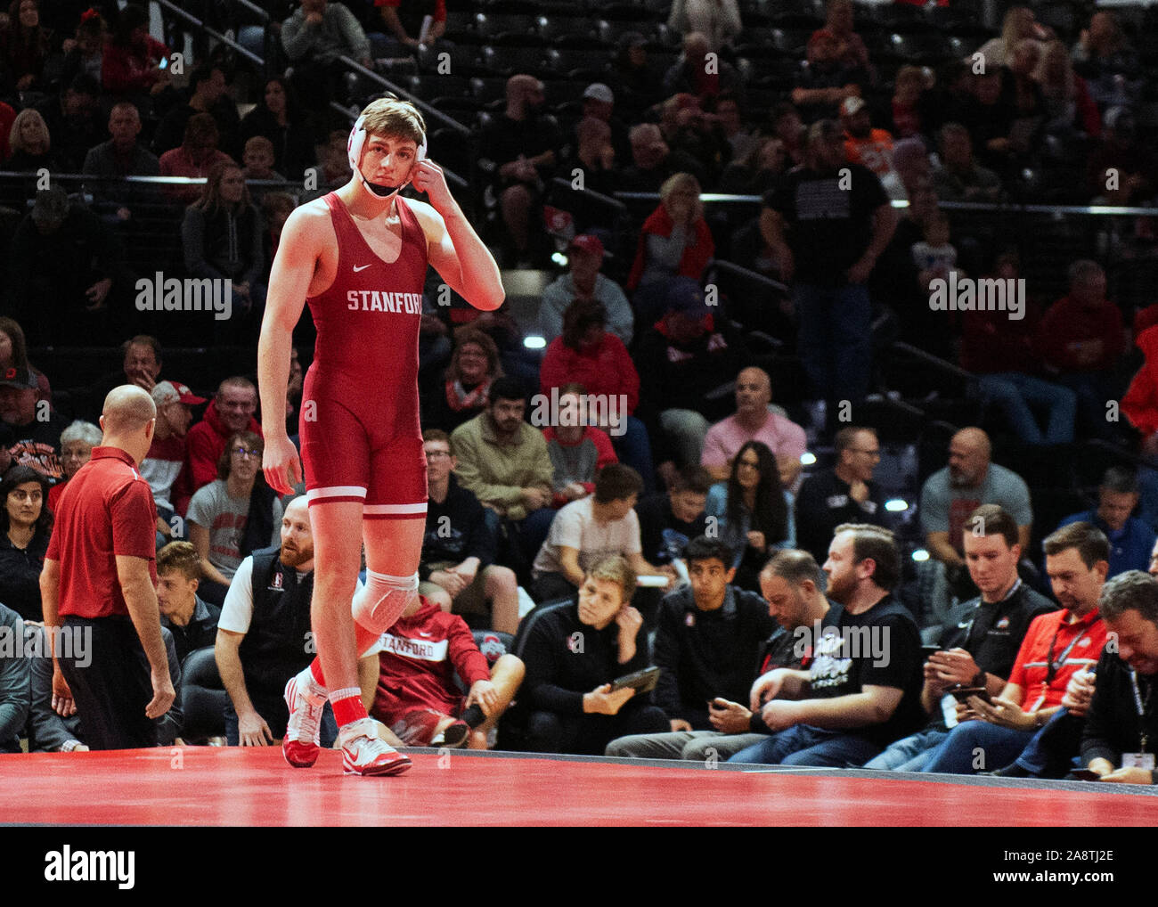 November 10, 2019: Stanford Cardinals Nick Addison (red) in before ...