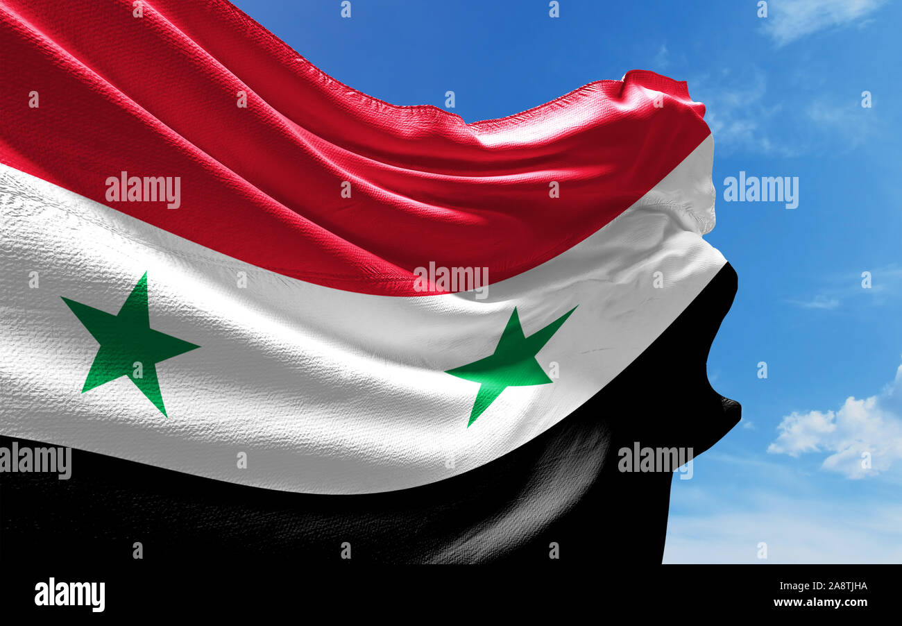 Syrian flag is waving against blue sky with clouds. Realistic ...