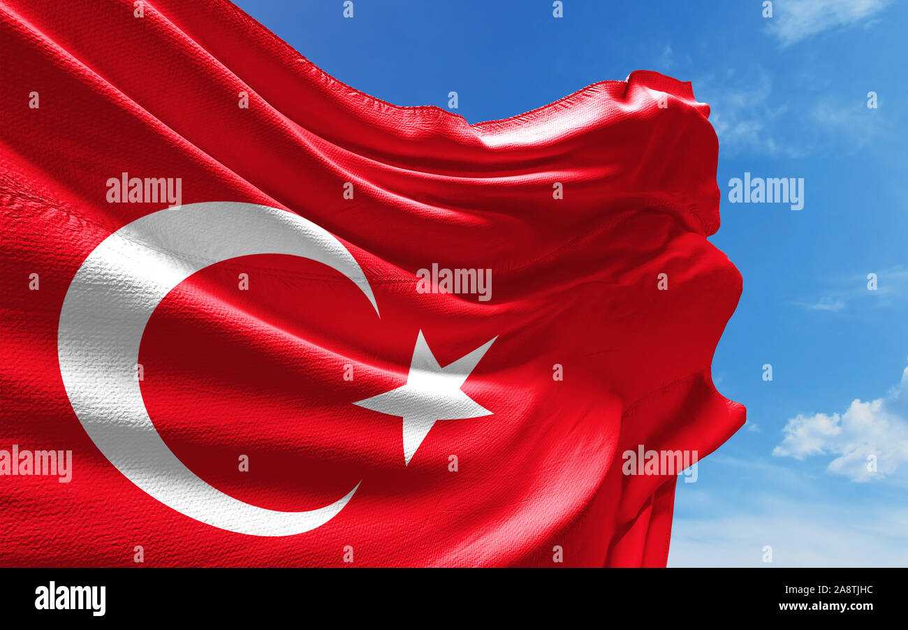 Turkish flag is waving against blue sky with clouds. Realistic ...