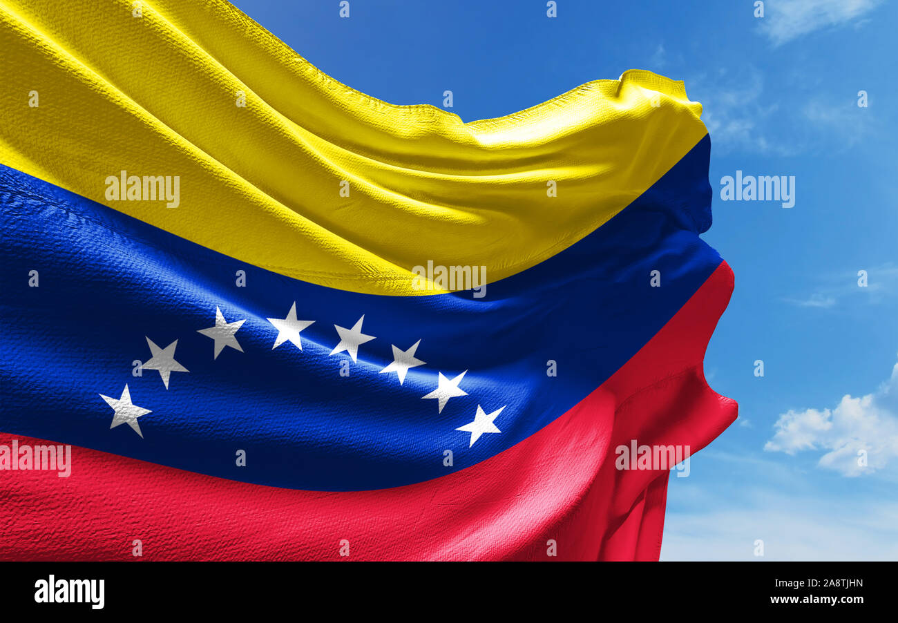 Venezuelan flag is waving against blue sky with clouds. Realistic ...