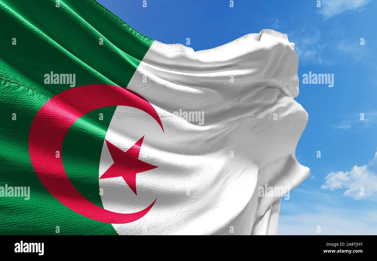 Algerian flag is waving against blue sky with clouds. Realistic ...