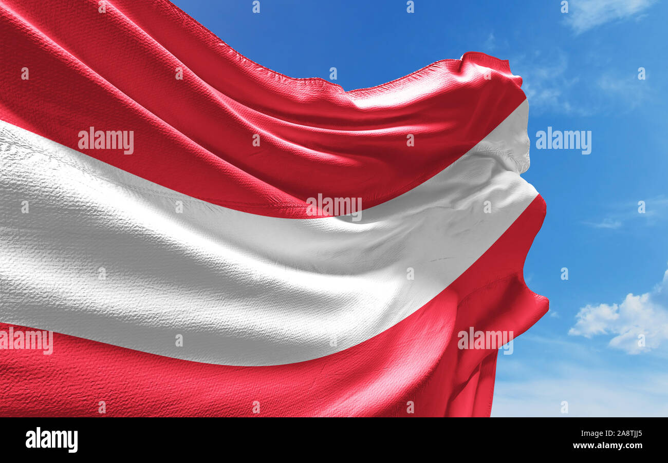 Austrian flag is waving against blue sky with clouds. Realistic ...