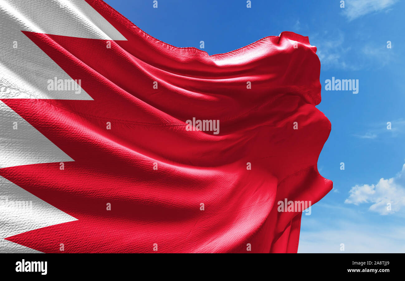 Bahrain flag is waving against blue sky with clouds. Realistic ...