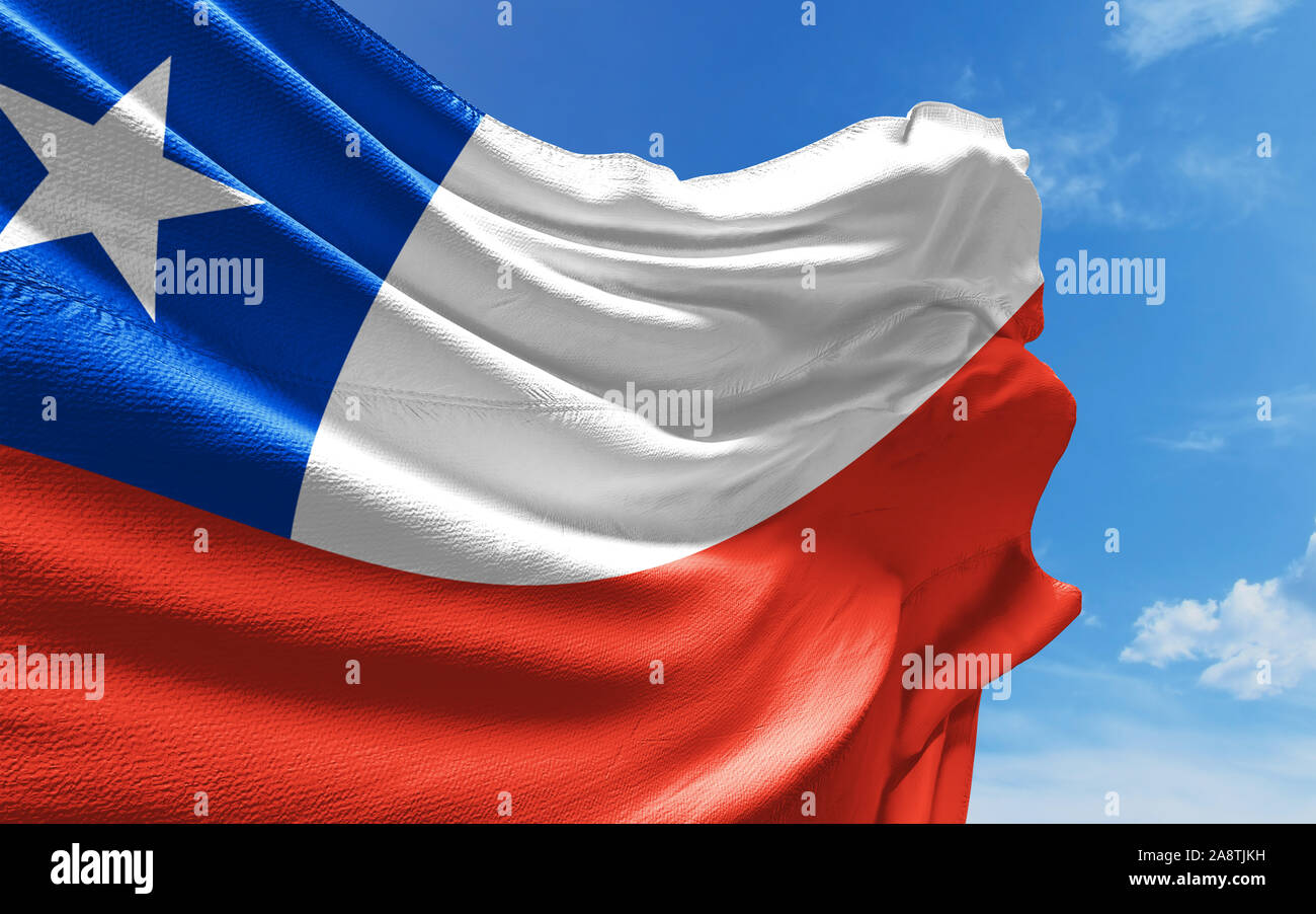 Chilian flag is waving against blue sky with clouds. Realistic ...