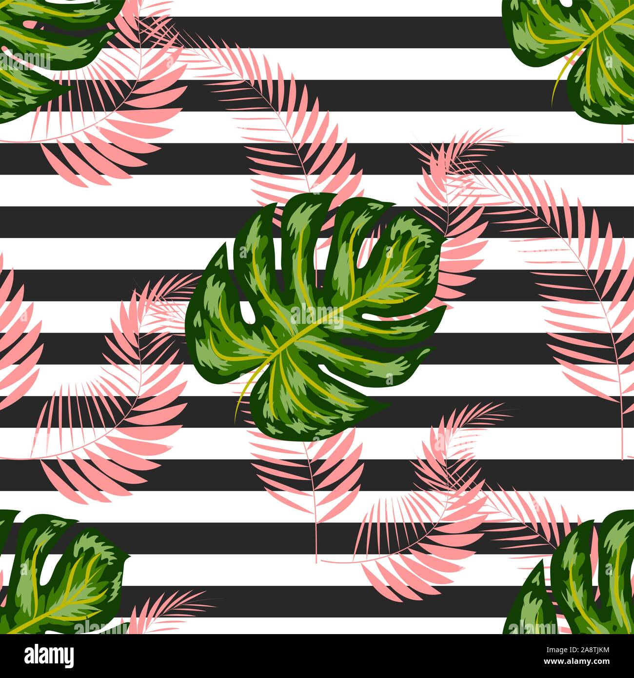 Exotic summer print. Seamless stripe pattern with tropical leaves ...
