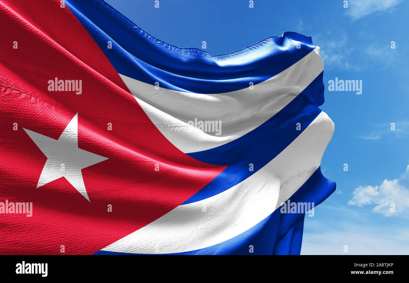 Cuban flag is waving against blue sky with clouds. Realistic ...