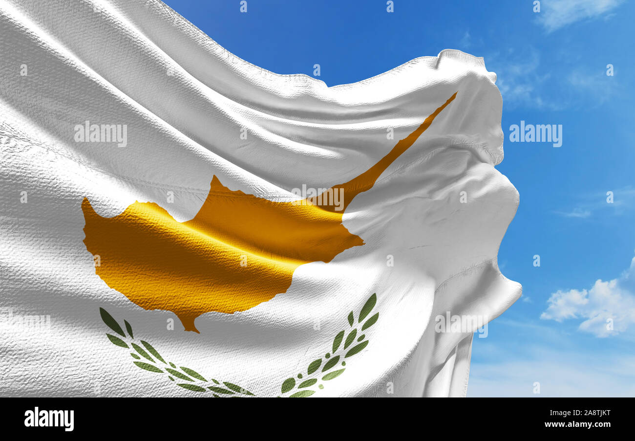 Cyprus flag is waving against blue sky with clouds. Realistic ...