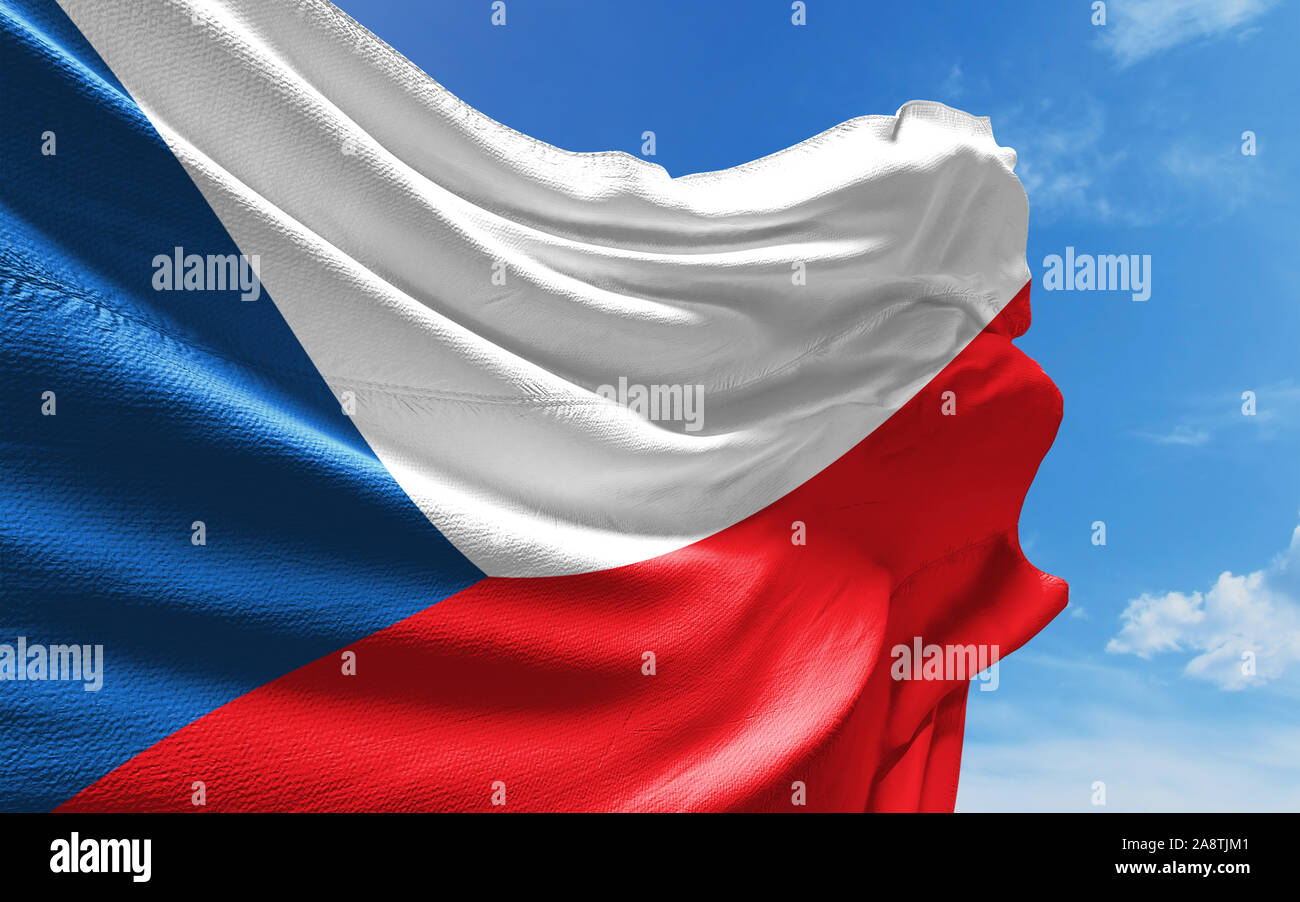 Czechian flag is waving against blue sky with clouds. Realistic ...