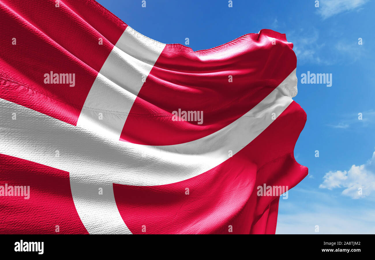 Danish flag is waving against blue sky with clouds. Realistic ...