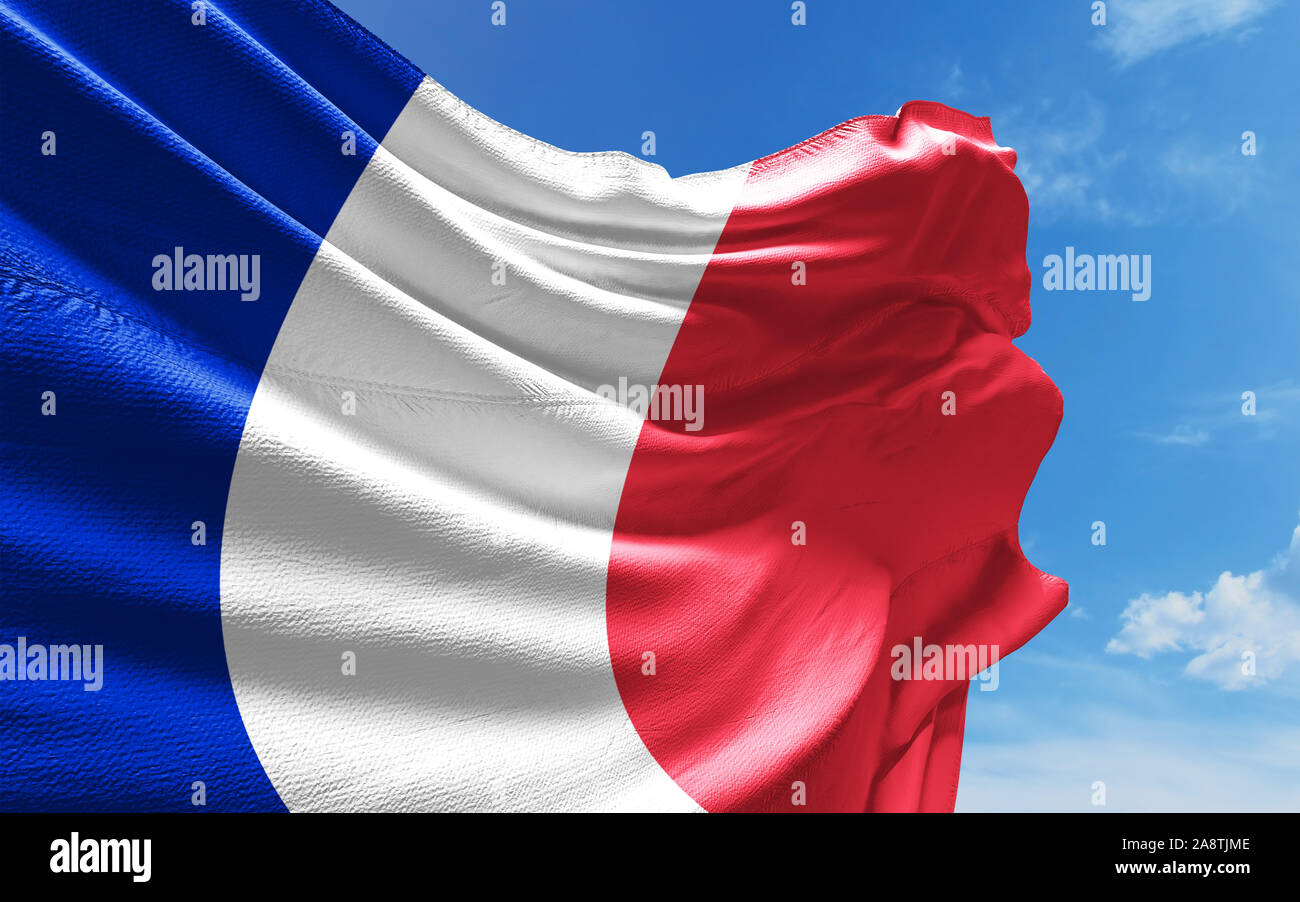 French flag is waving against blue sky with clouds. Realistic ...
