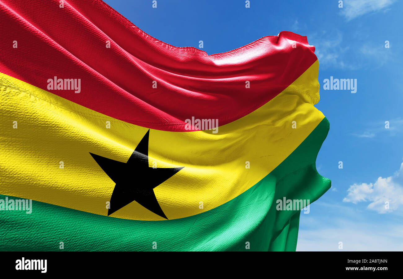 Ghana flag is waving against blue sky with clouds. Realistic ...
