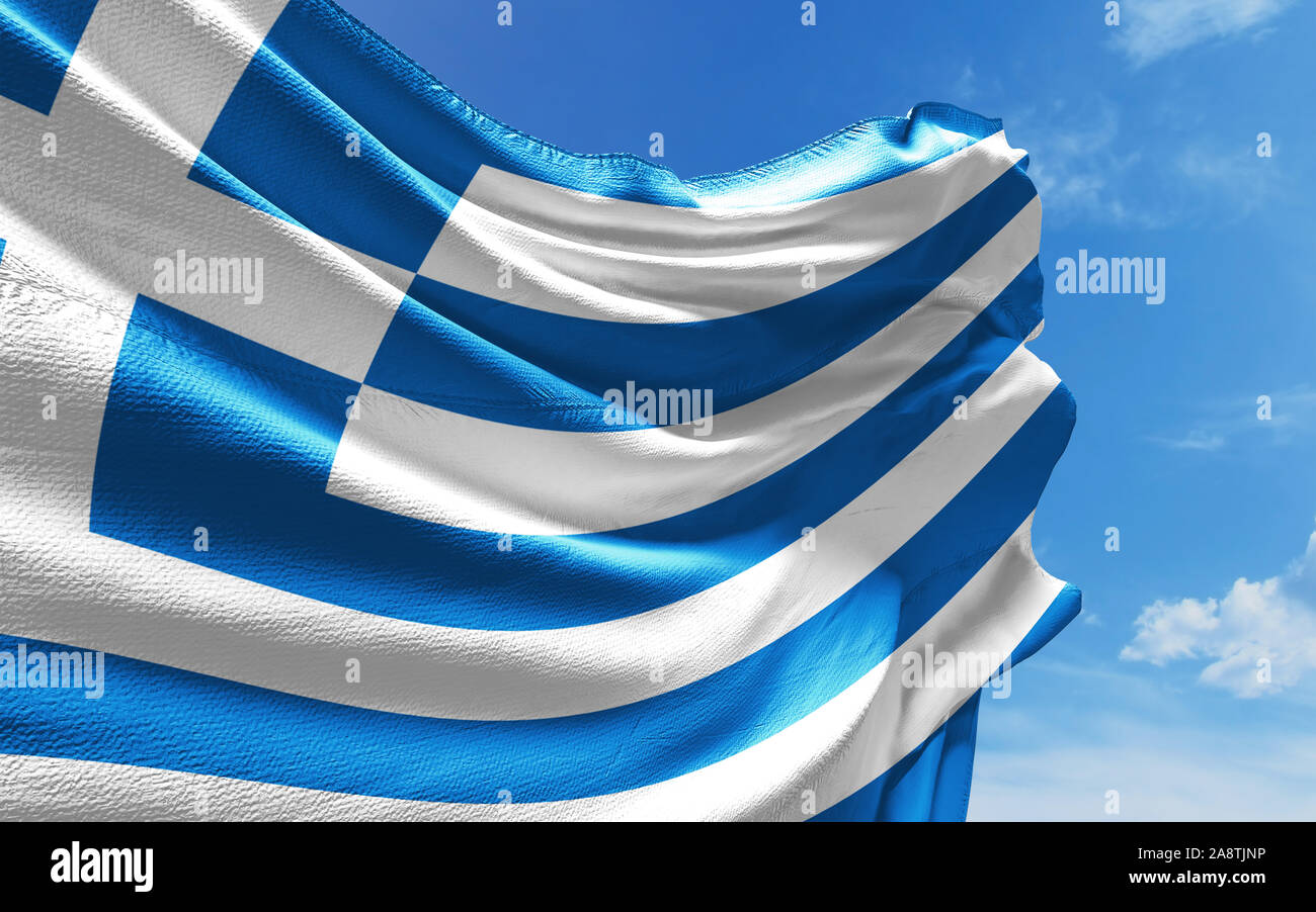 Greek flag is waving against blue sky with clouds. Realistic ...